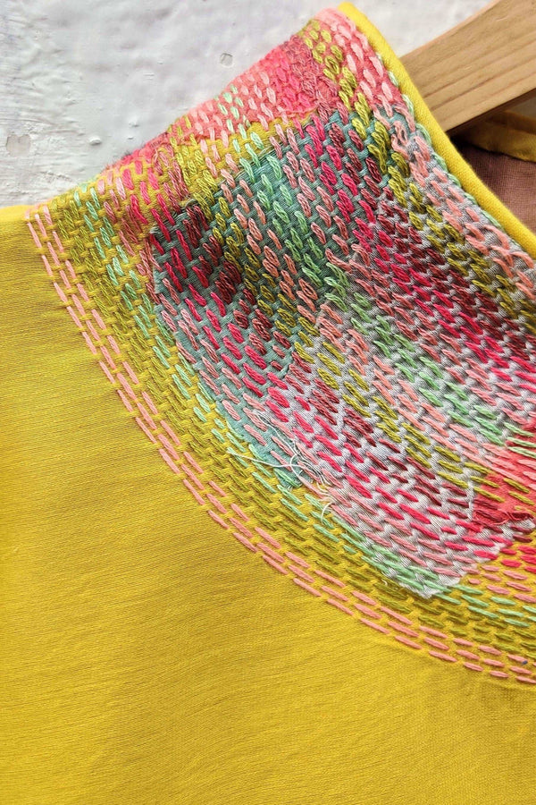 Chanderi Yellow crop top with sujani work on neck line. – Bihart