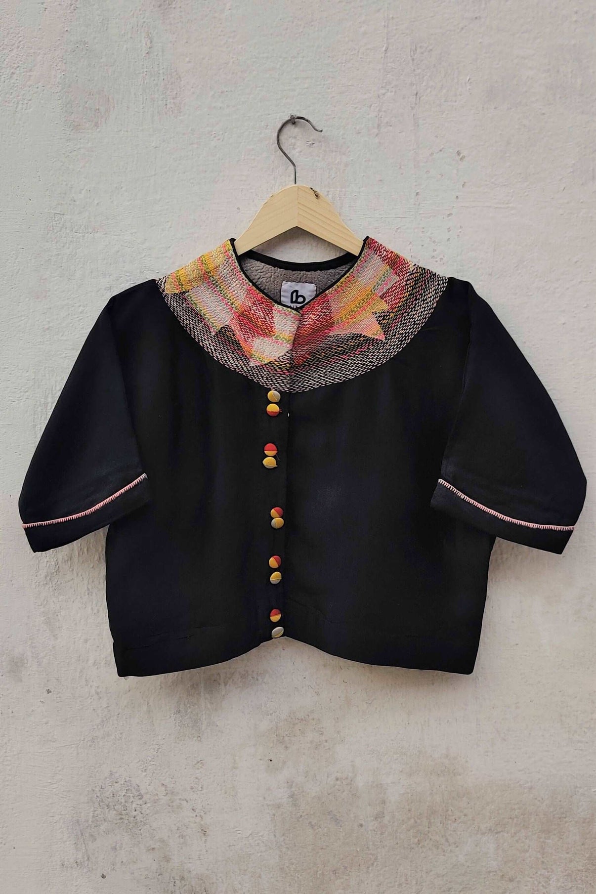 Chanderi Black crop top with sujani work on neck line. – Bihart