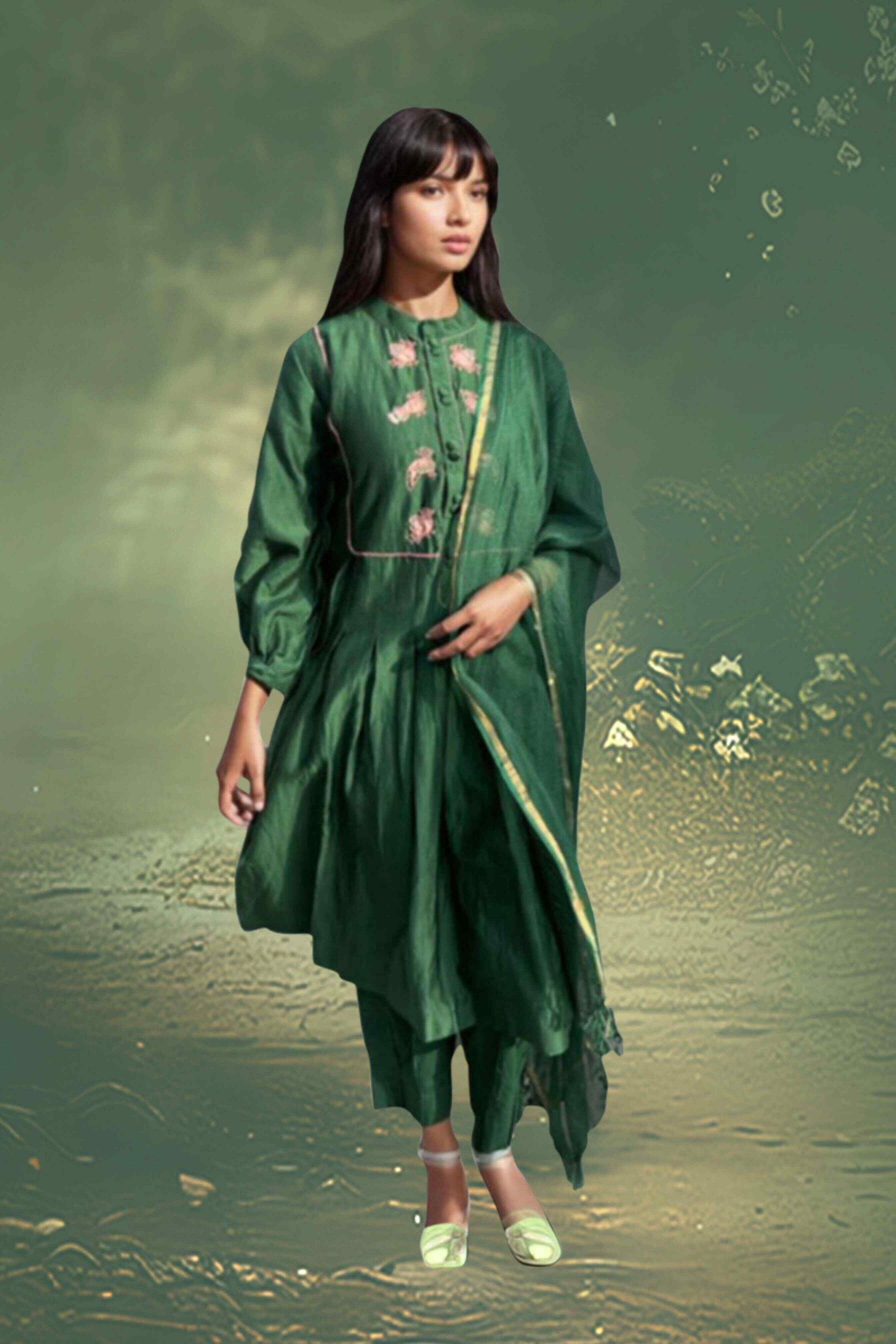 Green Bird Motif Applique & Sujani Kurta Set with Kota Silk Dupatta ...